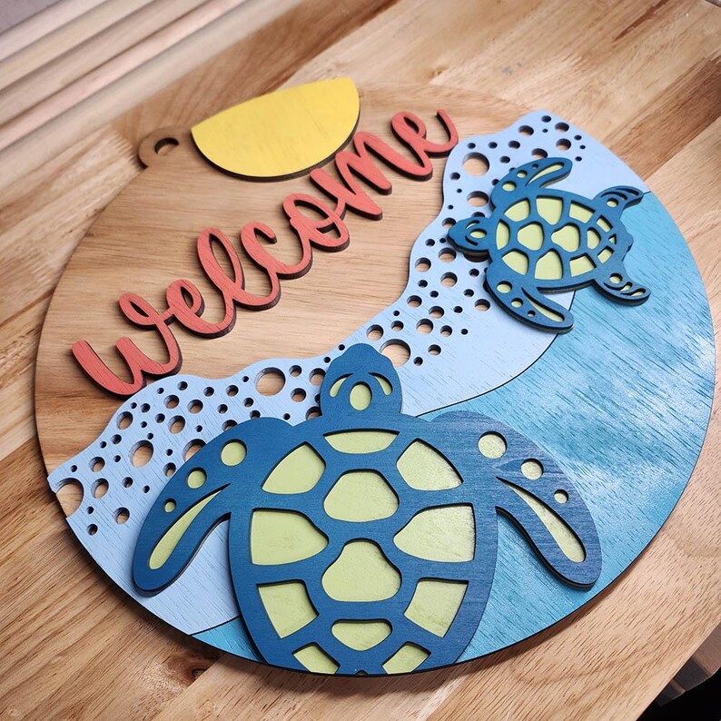 Sea Turtle Welcome Door Hanger | Laser Cut Coastal Home Decor | Beach ...