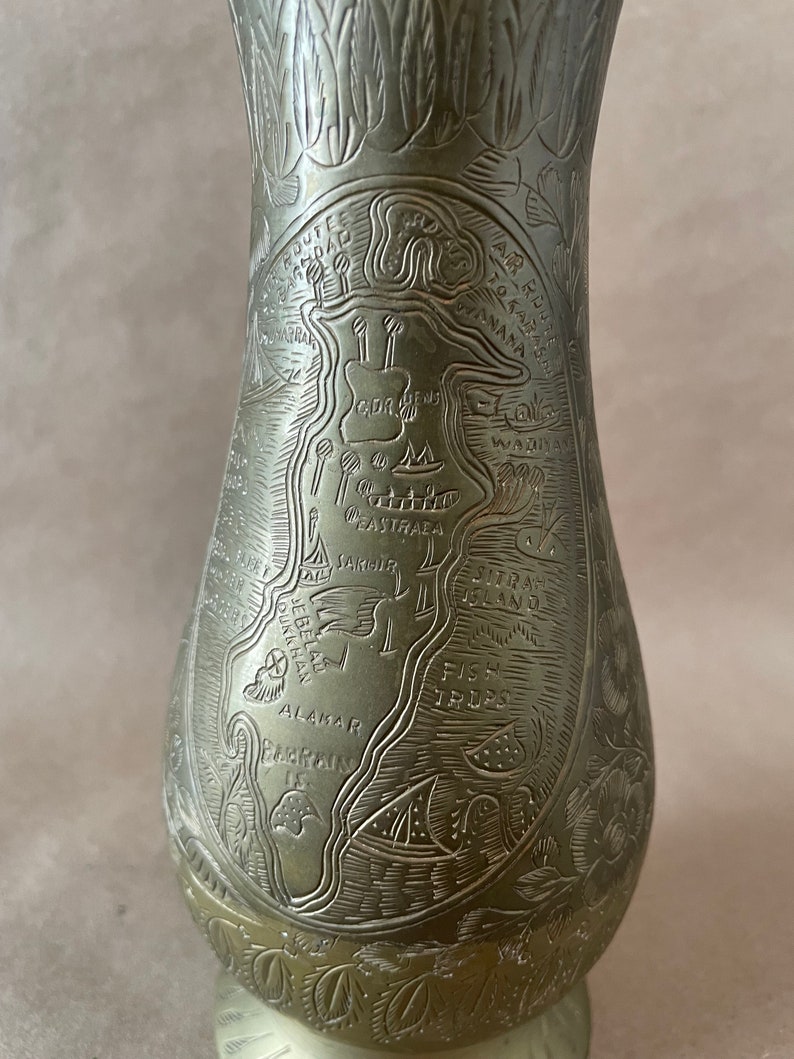 Vintage Etched Brass Vase Made in India Floral Accent Geography - Etsy