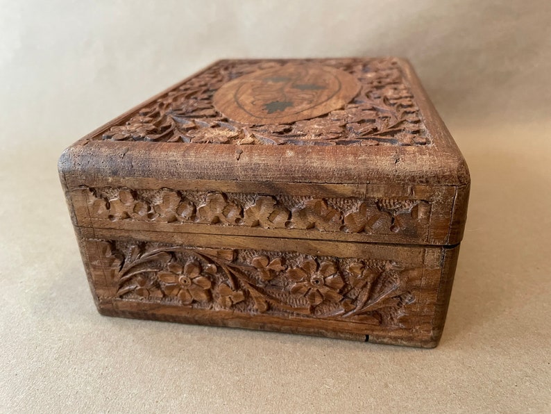 Vintage Carved Wooden Box With Hinges Made in India Keepsake Box - Etsy