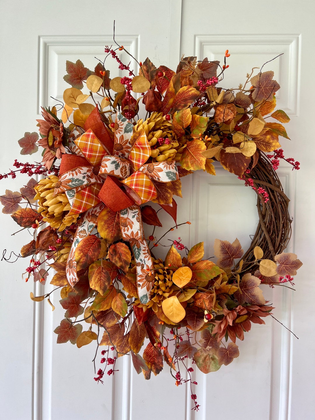 Fall Mum and Sunflower Front Door Wreath, Autumn Door Wreath, Farmhouse ...