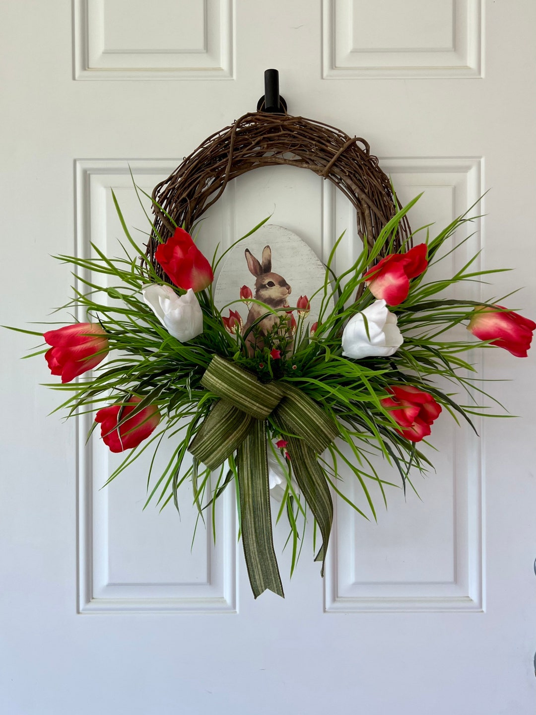 Spring Front Door Wreath, Spring/easter Tulip Grapevine Wreath, Bunny ...