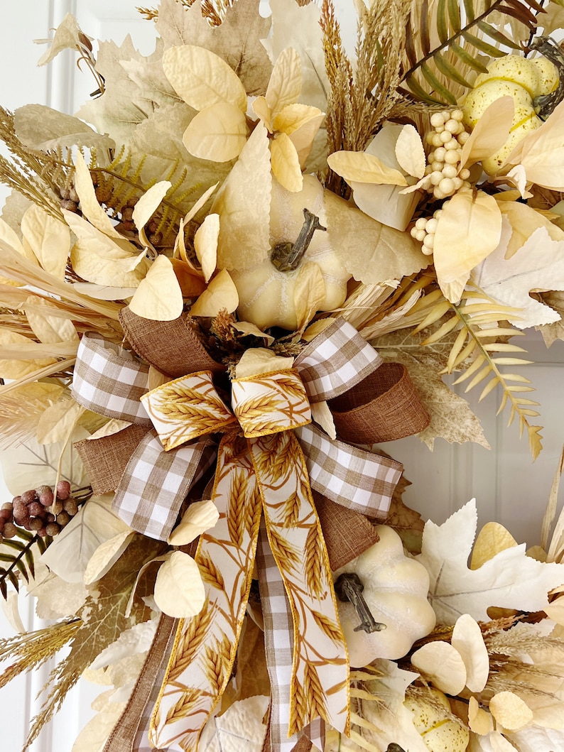 Neutral Fall Elegant Large Door Wreath, Corn Husk Wheat and Pumpkin ...