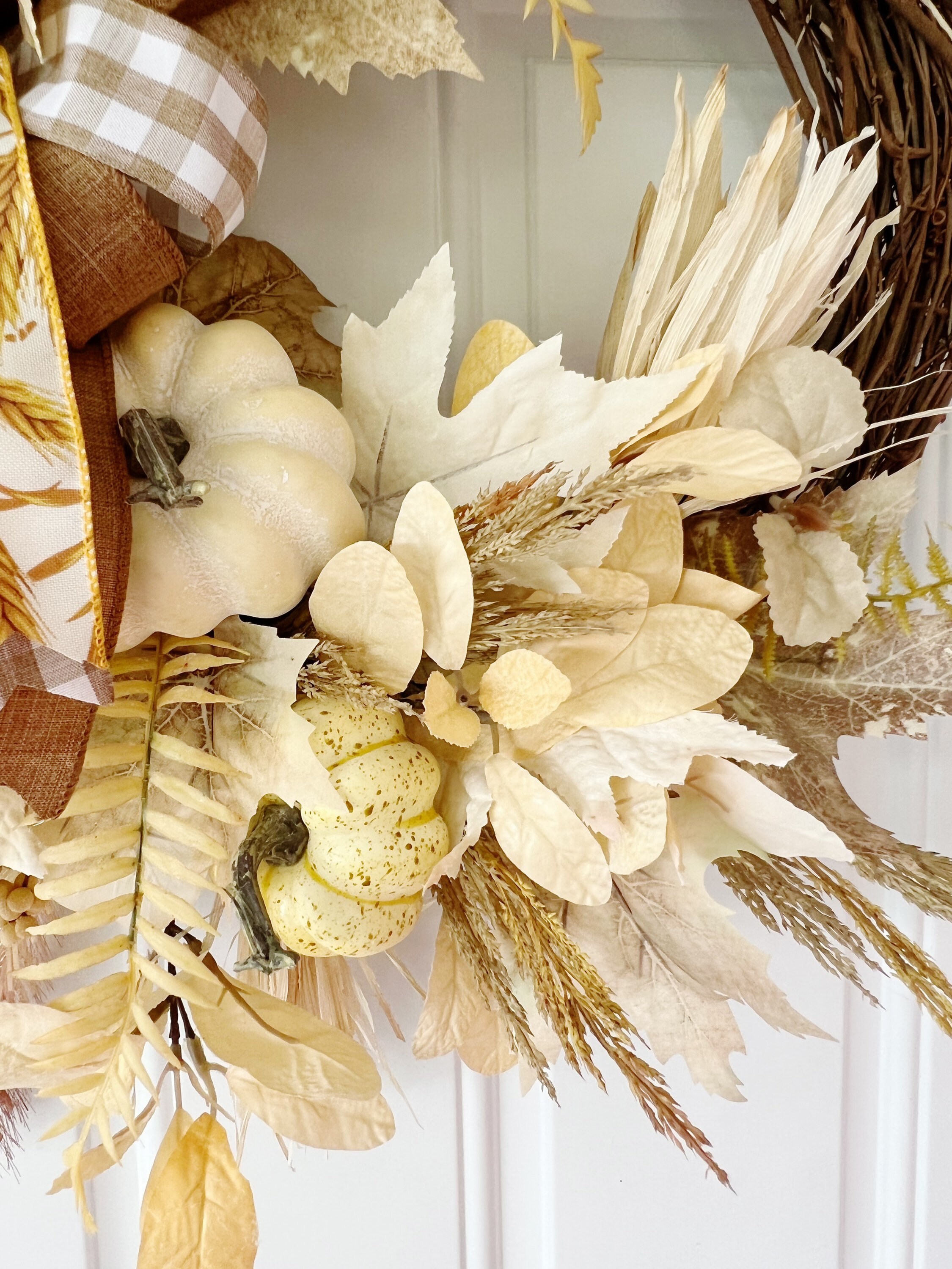 Neutral Fall Elegant Large Door Wreath, Corn Husk Wheat and Pumpkin ...
