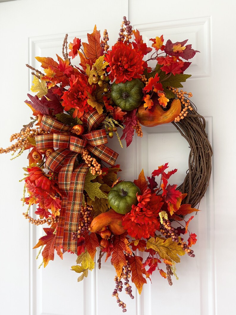 Bright Fall Door Wreath, Fall Decor, Pumpkin, Gourd and Mum Door Wreath ...