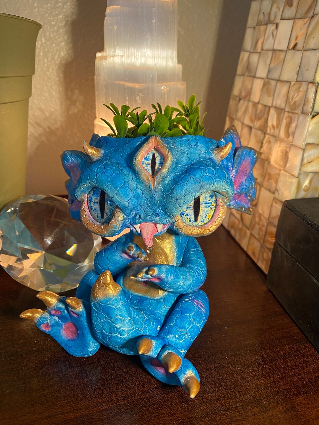 Baby Dragon Flower Pot blue and Gold - Etsy