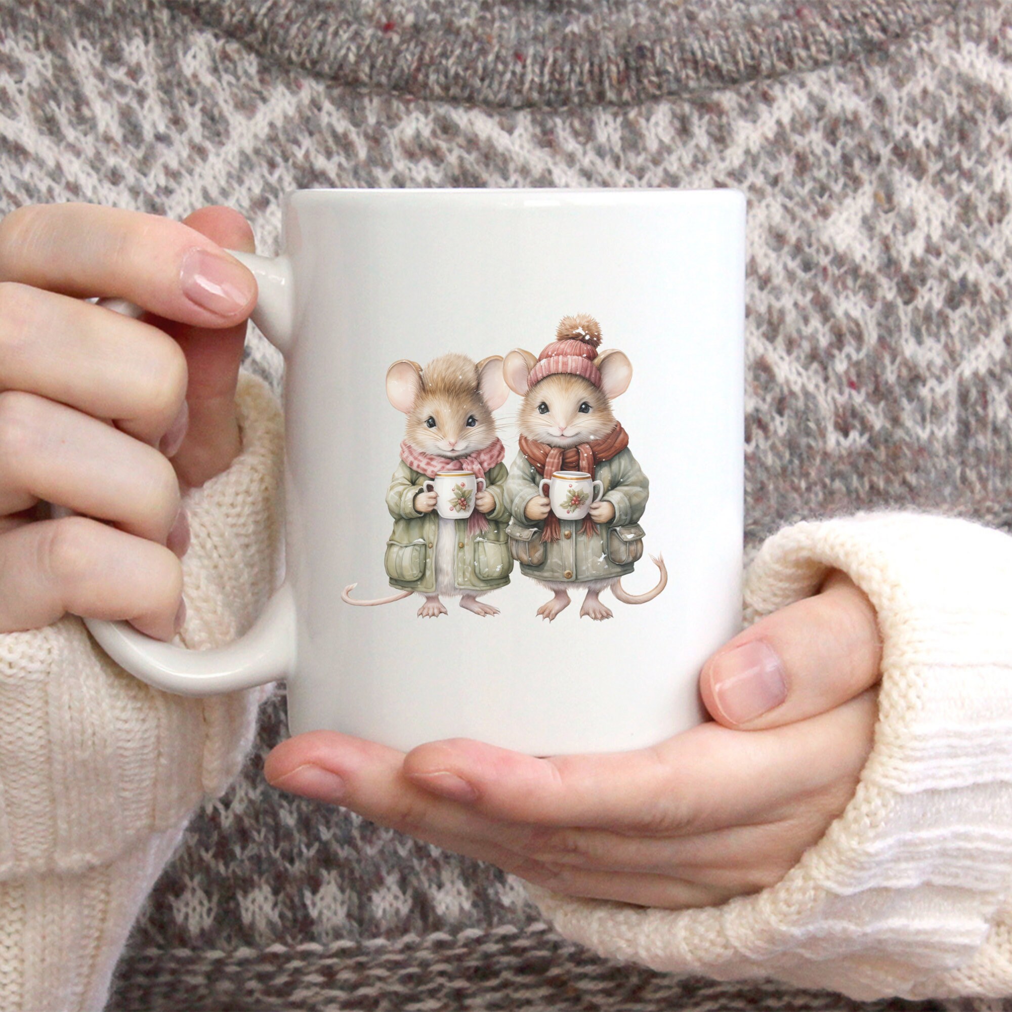 11 Oz Ceramic Mug Featuring Cute Mice Holding Cups, Two Sided Design ...