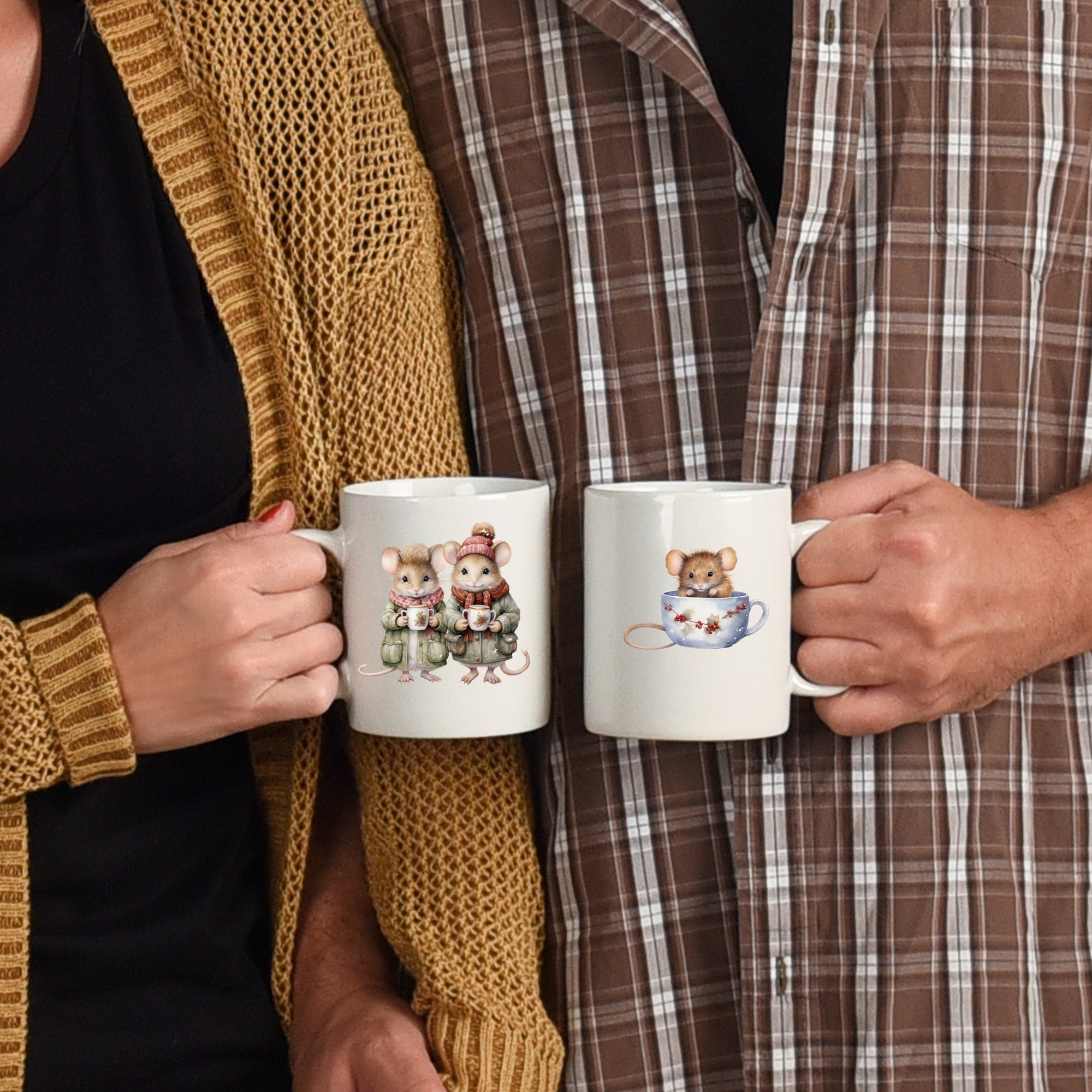 11 Oz Ceramic Mug Featuring Cute Mice Holding Cups, Two Sided Design ...