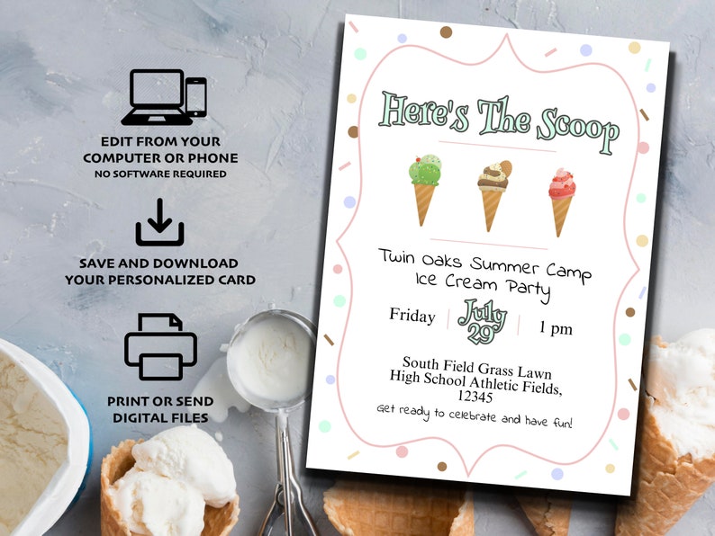 Printable 'here's the Scoop' Event Party Invitation Edit, Download and ...