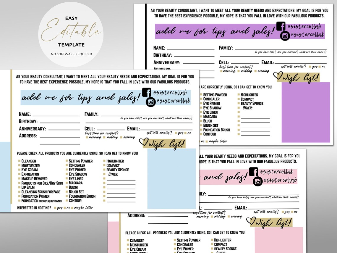 Printable Beauty Customer Profile Card Direct Sales Edit - Etsy