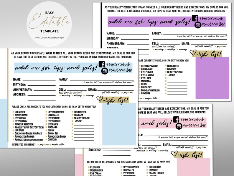 Printable Beauty Customer Profile Card, Direct Sales, Edit, Print ...