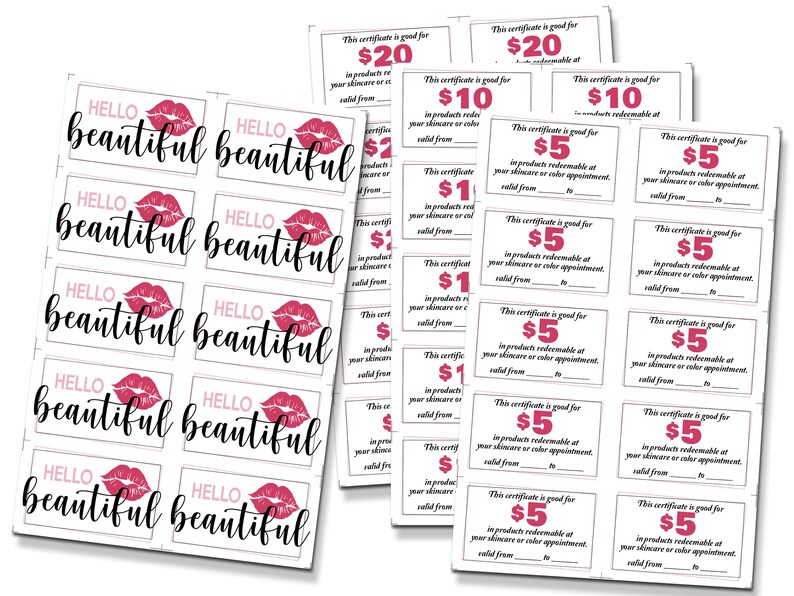 Printable Hello Beautiful Gift Certificates Edit Download & - Etsy
