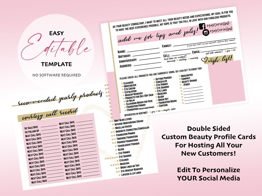 Printable Beauty Customer Profile Card, Direct Sales, Edit, Download ...