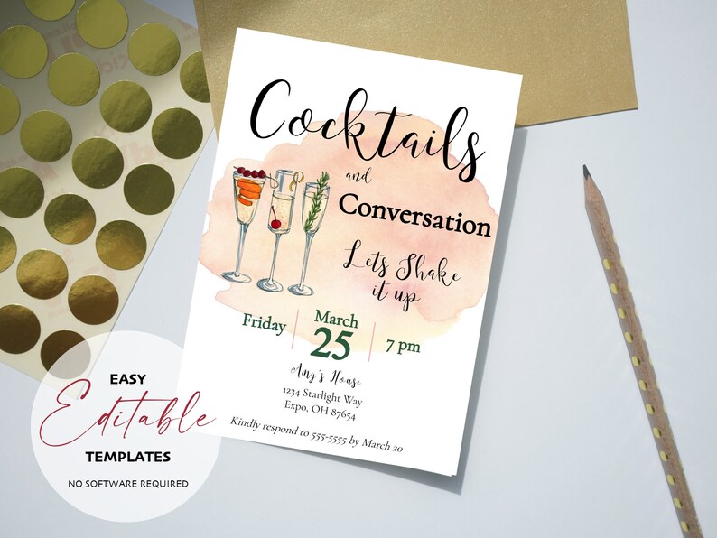 Printable Cocktails and Conversation Party Invitation Template Edit ...