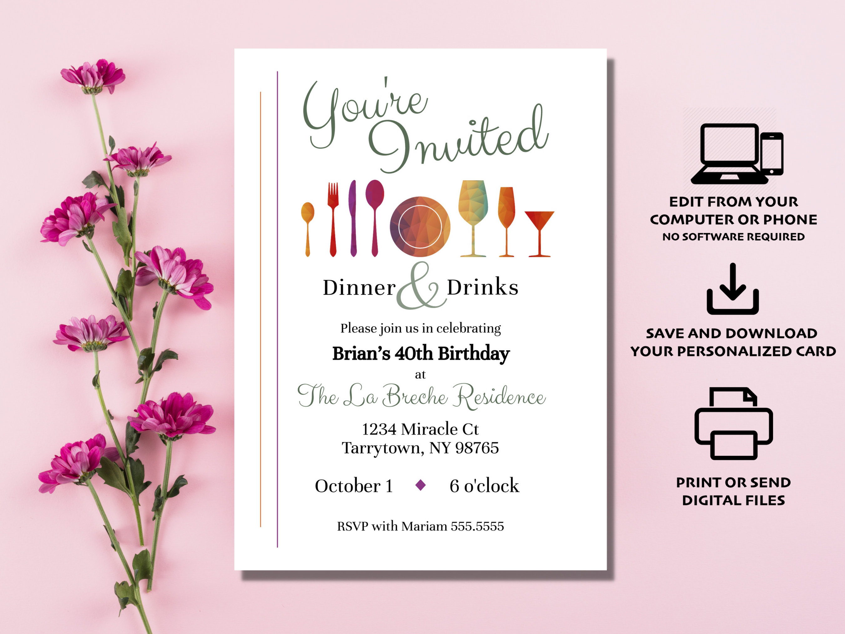 Printable You're Invited Dinner & Drinks Dinner Party Invitation ...