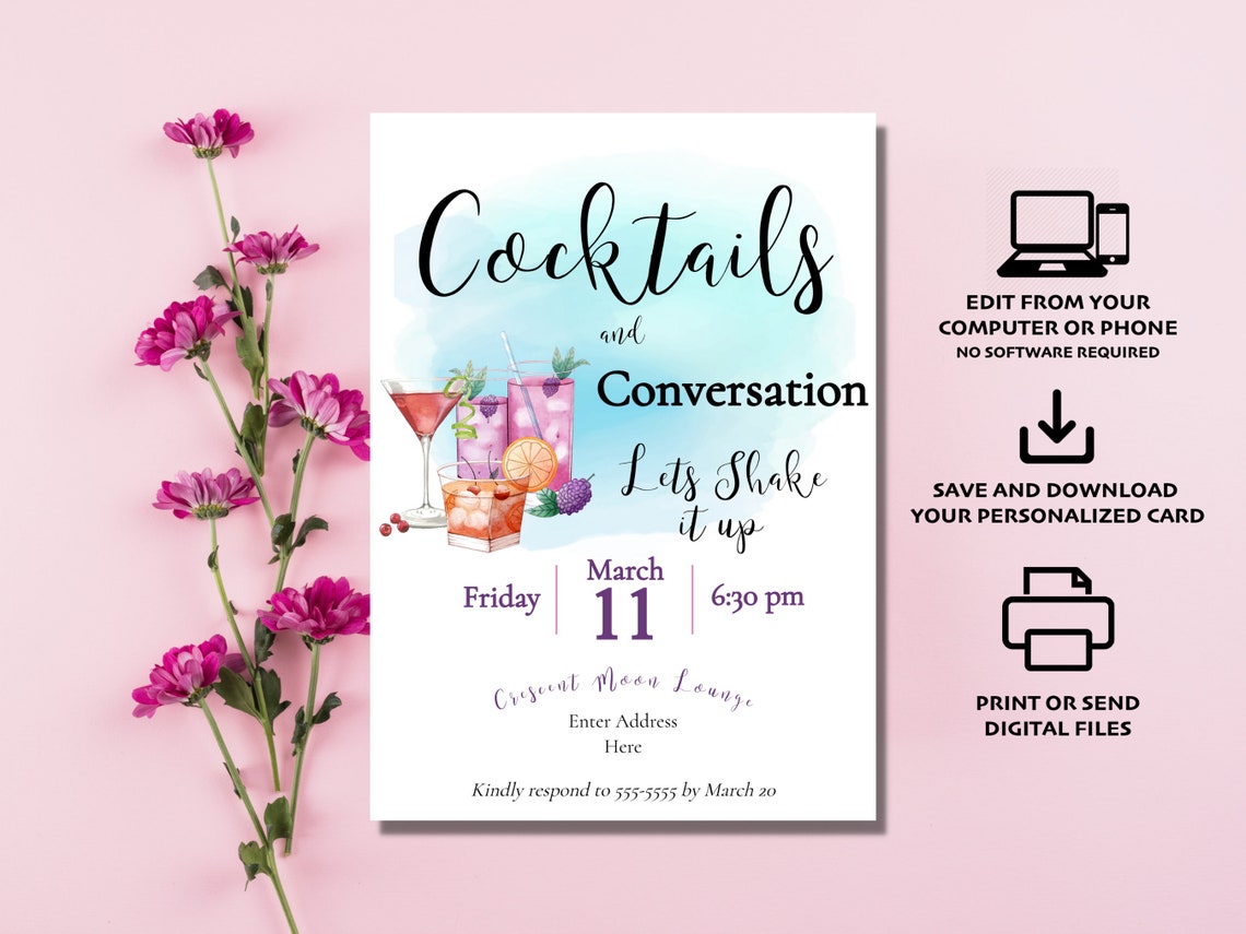 Printable 'cocktails and Conversation' Party Invitation Template | Edit ...