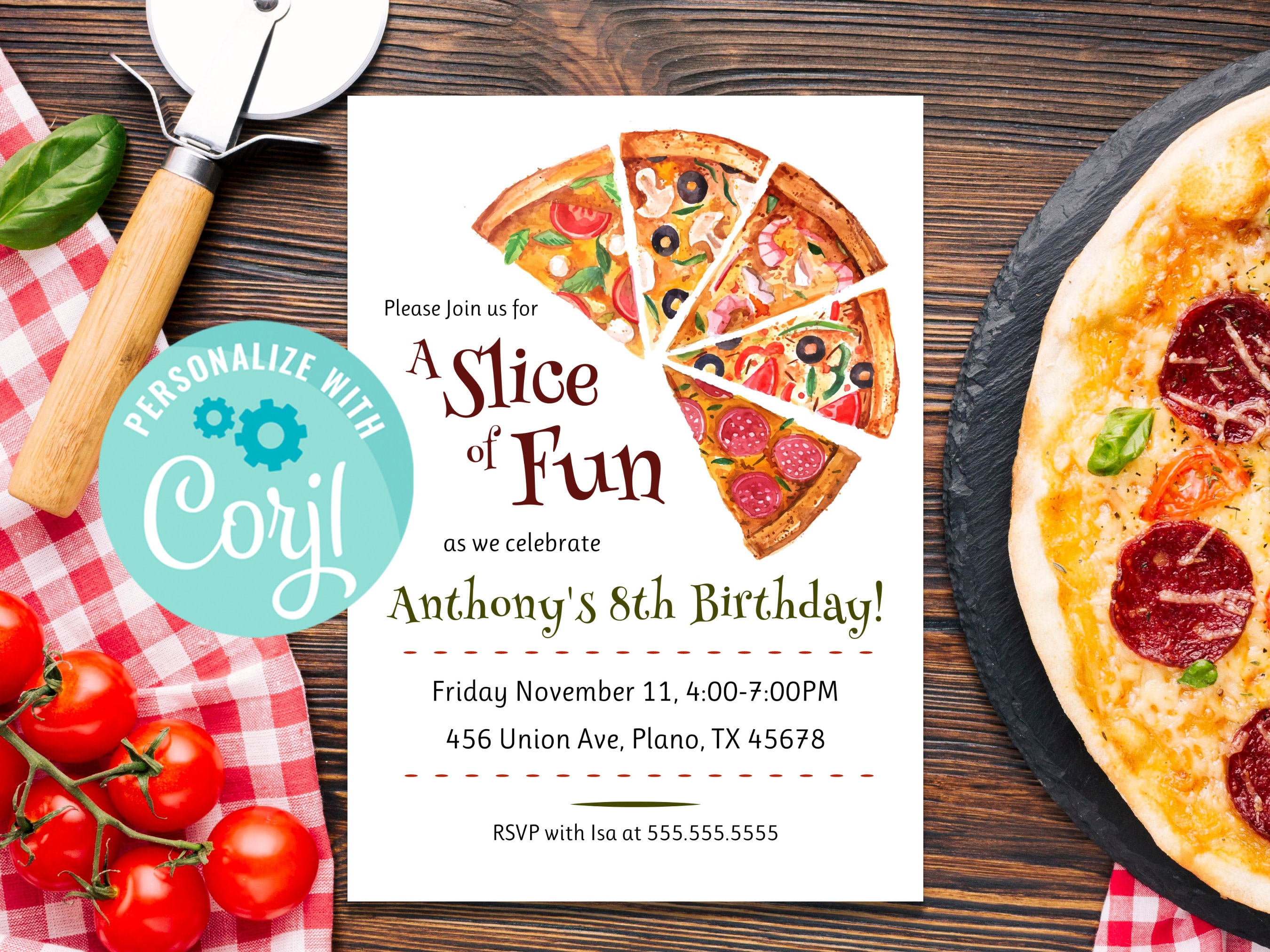 Printable A Slice of Fun Pizza Party Invitation Template, Edit ...