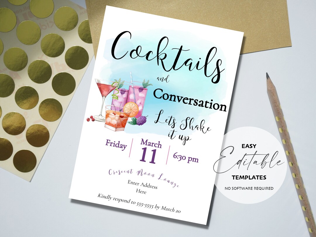 Printable 'cocktails and Conversation' Party Invitation Template | Edit ...