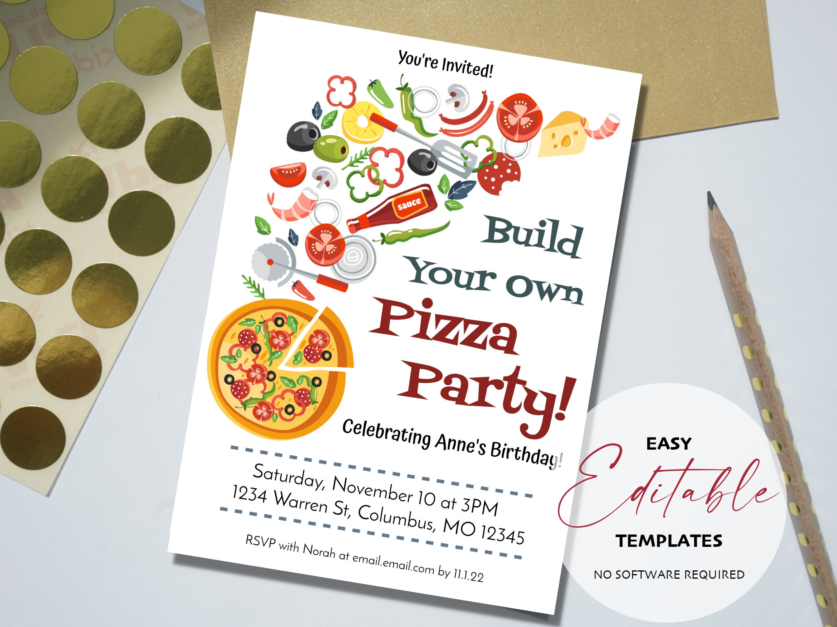 Printable Build Your Own Pizza Party Invitation Template, Edit ...