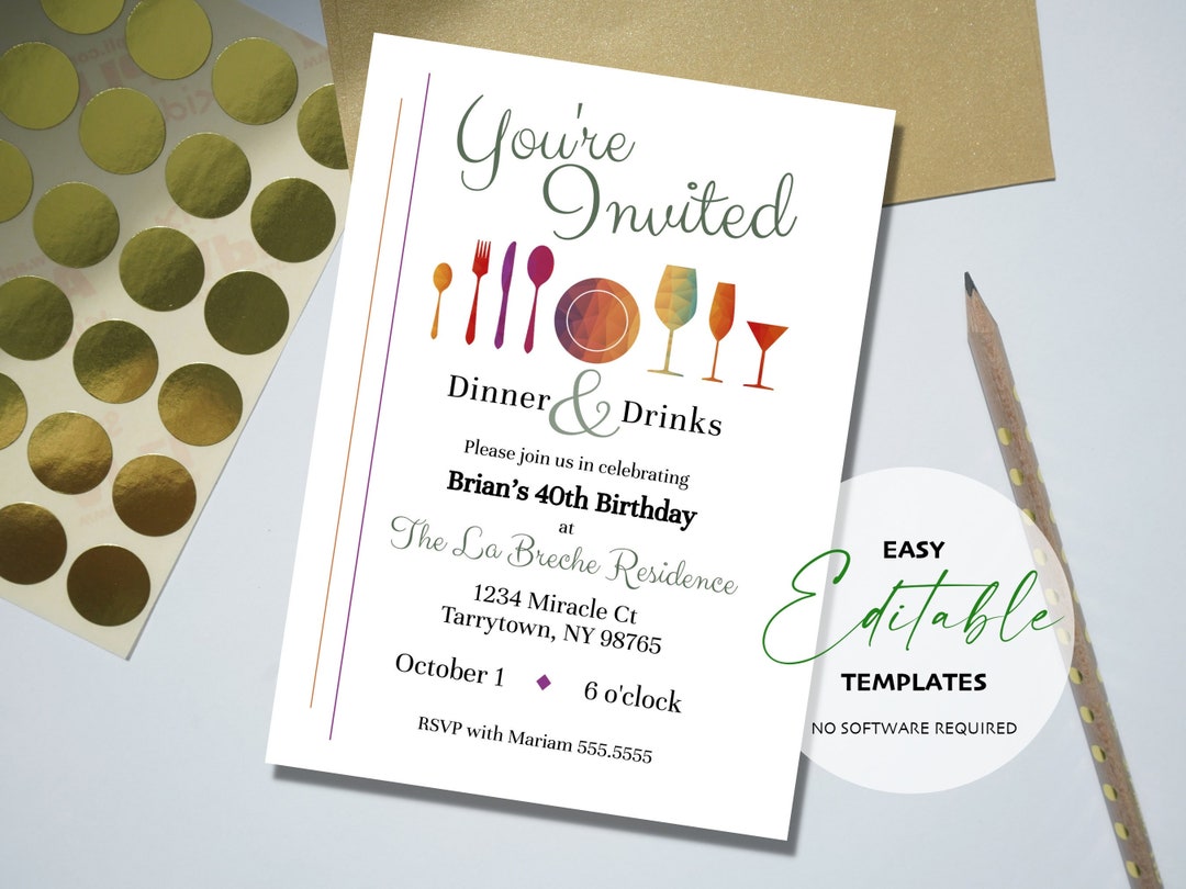 Printable You're Invited Dinner & Drinks Dinner Party Invitation ...