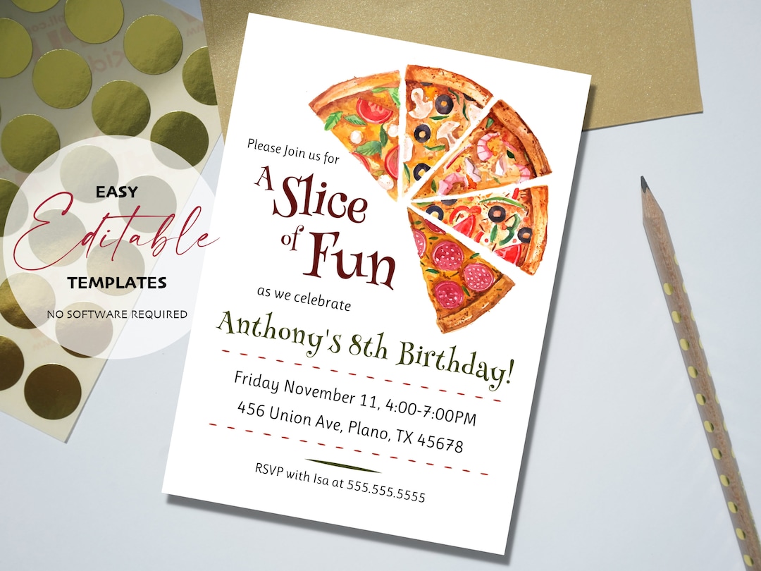 Printable A Slice of Fun Pizza Party Invitation Template, Edit ...