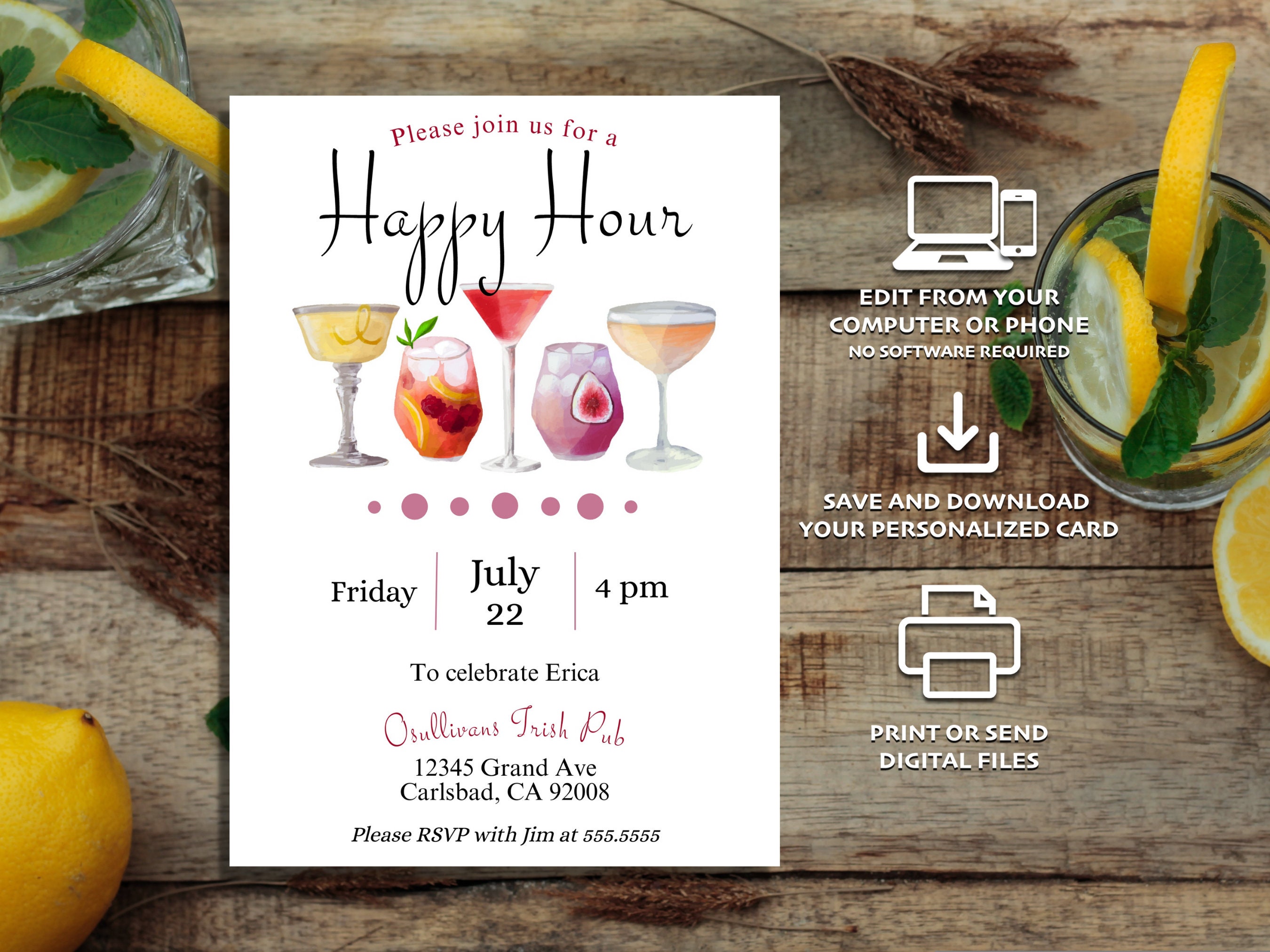 Printable Happy Hour Celebration Party Invitation Template | Edit ...