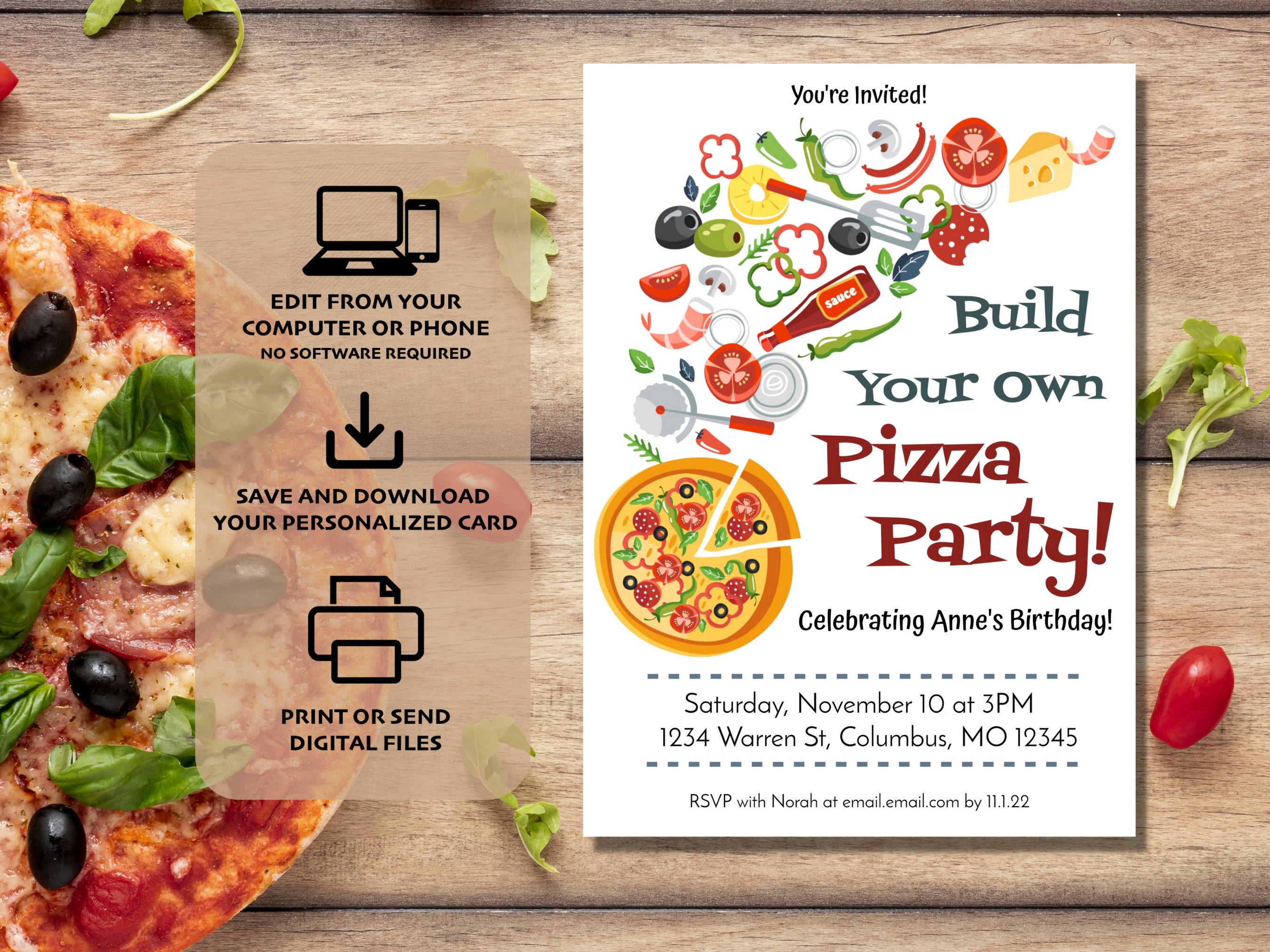 Printable Build Your Own Pizza Party Invitation Template, Edit ...