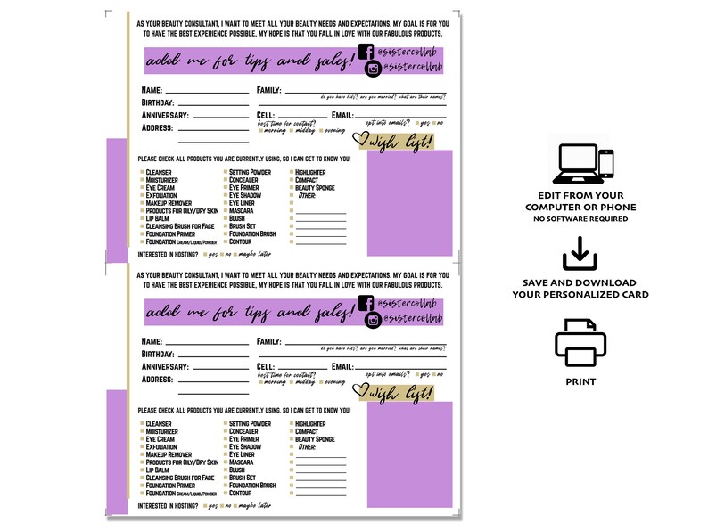 Printable Beauty Customer Profile Card, Direct Sales, Edit, Print ...