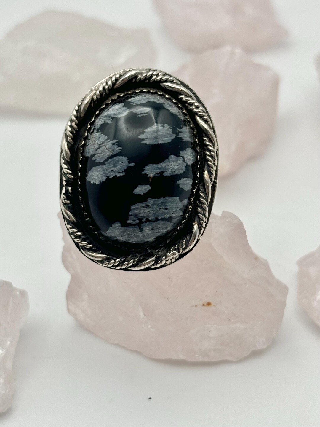 Hand-fabricated Sterling Silver Snowflake Obsidian Ring size 8.5 Oval W ...
