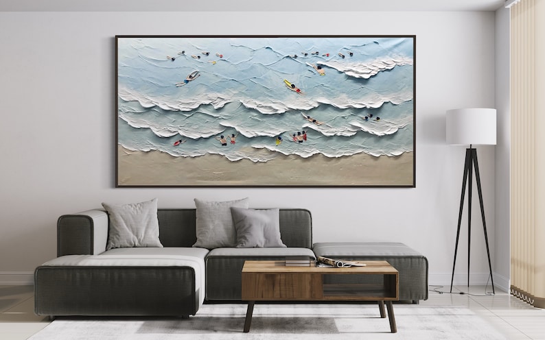 C Landscape Beach Joy Ocean Surfing Art, Hand Painted Original Art ...