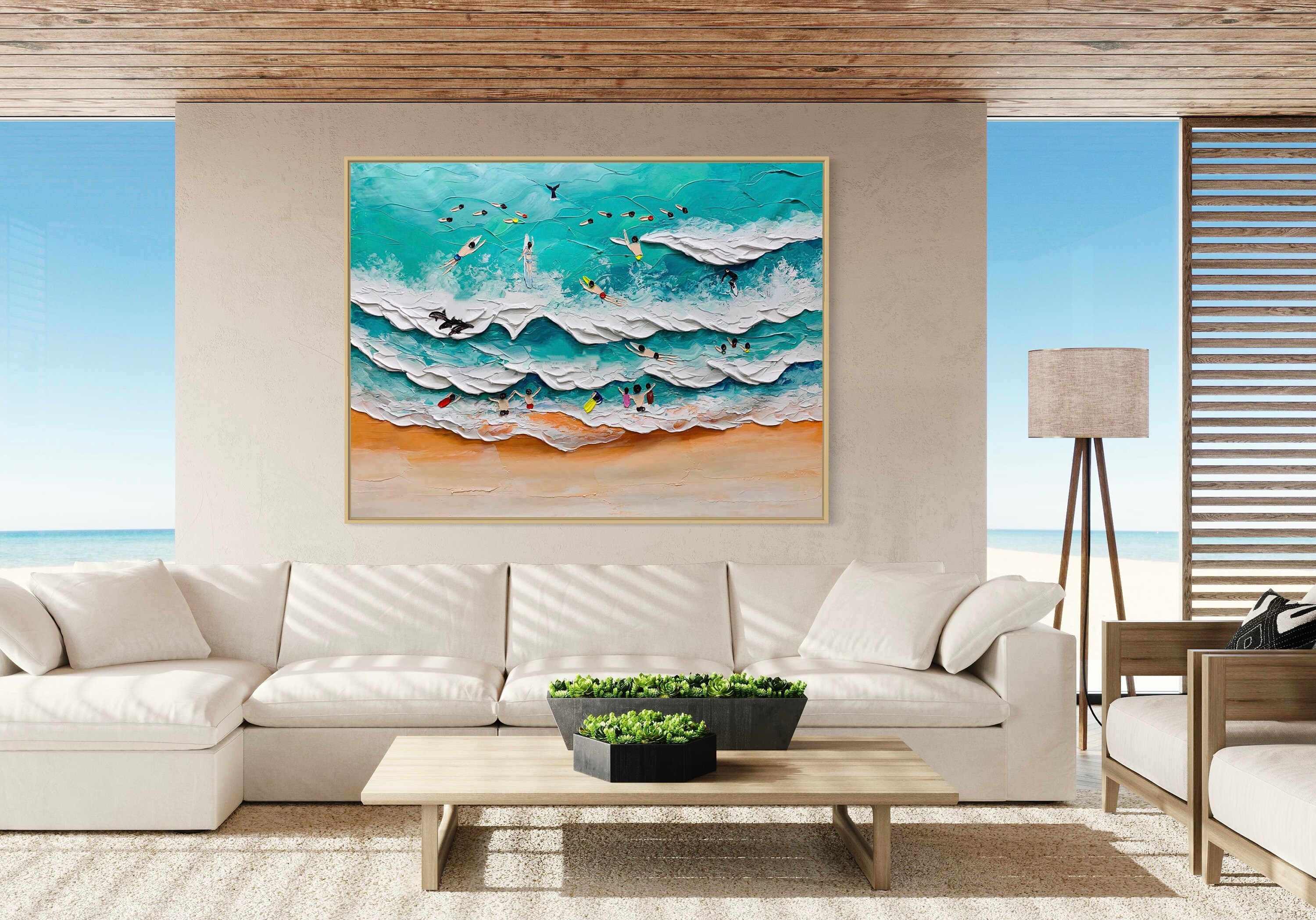 Horizontal Blue Green Beach Joy Swimming Surfing Art Hand Painted Large ...