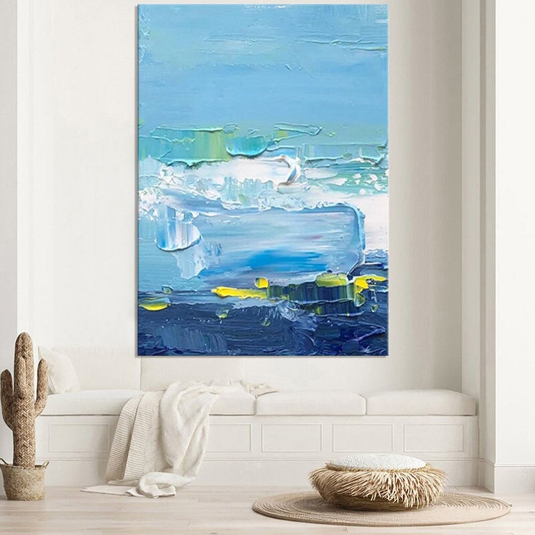Extra Large Abstract Painting Heavy Brush Stroke Minimalist Blue White ...