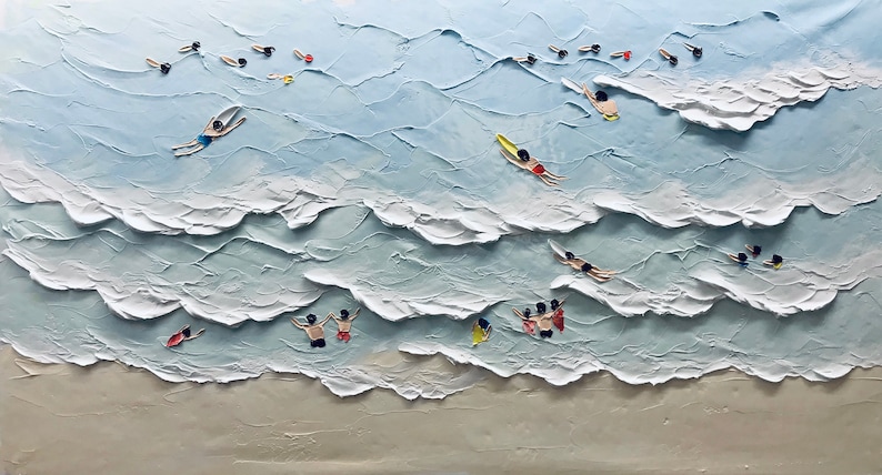 C Landscape Beach Joy Ocean Surfing Art, Hand Painted Original Art ...