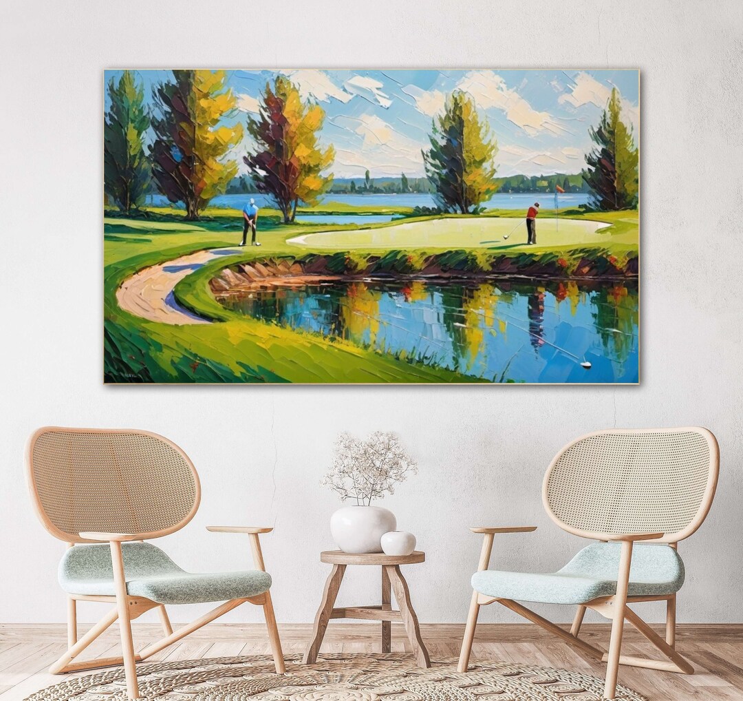 Landscape Golf Course and Lake Painting, Contemporary Vibrant 3D Art ...