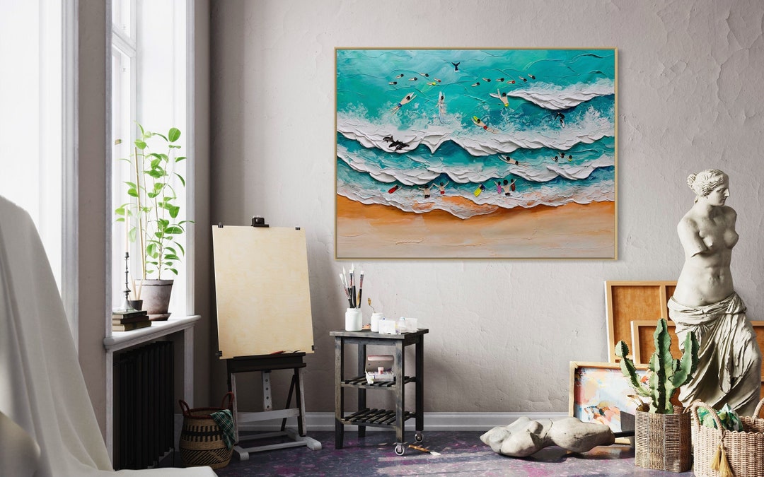 Horizontal Blue Green Beach Joy Swimming Surfing Art Hand Painted Large ...