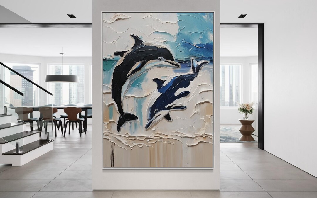 Two Dolphin Jump Abstract Painting Modern Vertical Ocean Canvas Art ...