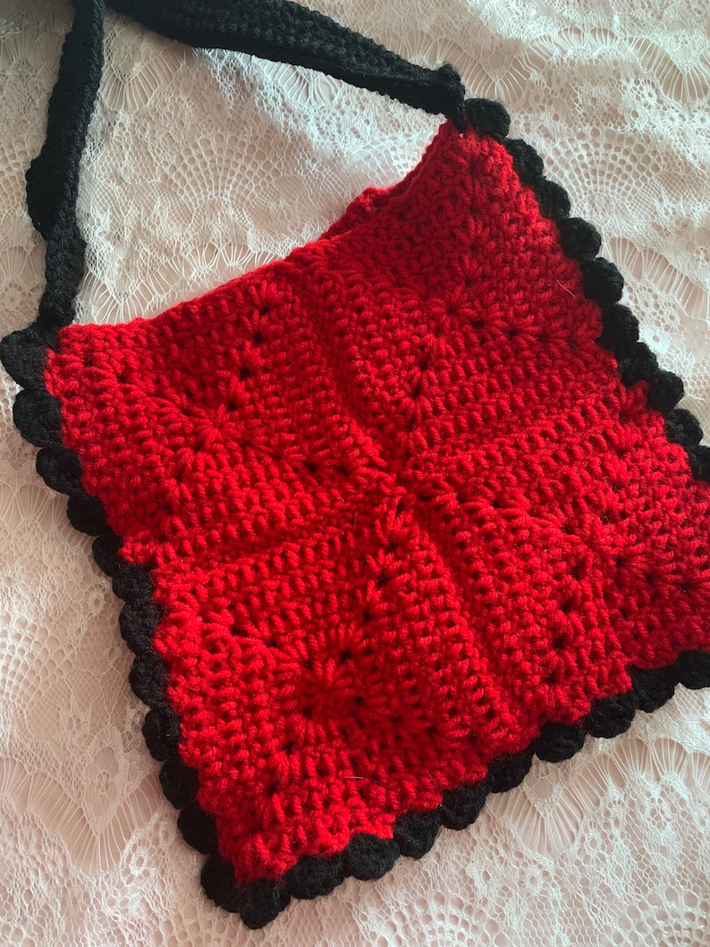 Handmade Red Granny Square Crochet Tote Bag With Cute Ruffle Border ...
