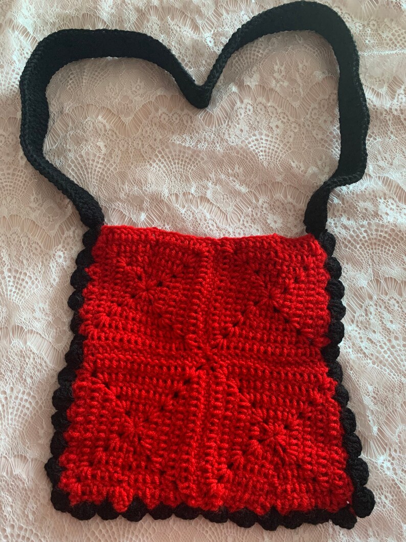 Handmade Red Granny Square Crochet Tote Bag With Cute Ruffle Border ...