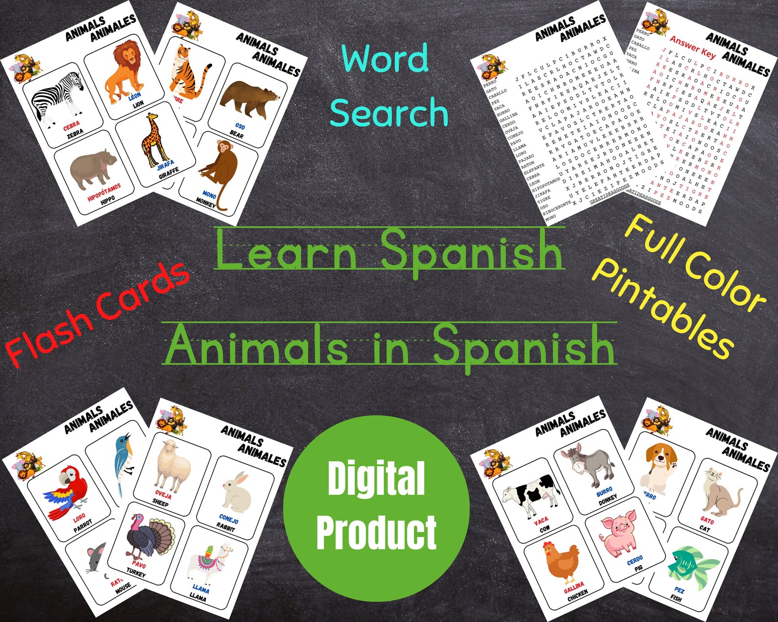 Spanish Animal Names Learning for Kids Beginner Spanish - Etsy