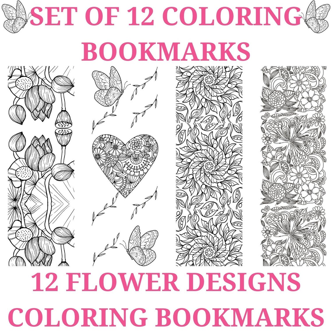 Printable Coloring Bookmarks, Flower Bookmarks, Instant Download Set of ...