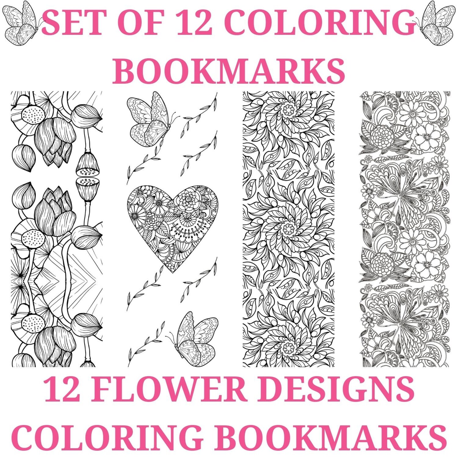 Printable Coloring Bookmarks, Flower Bookmarks, Instant Download Set of ...