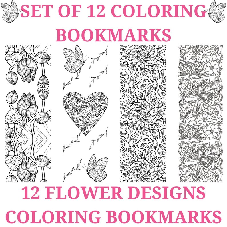 Printable Coloring Bookmarks, Flower Bookmarks, Instant Download Set of ...