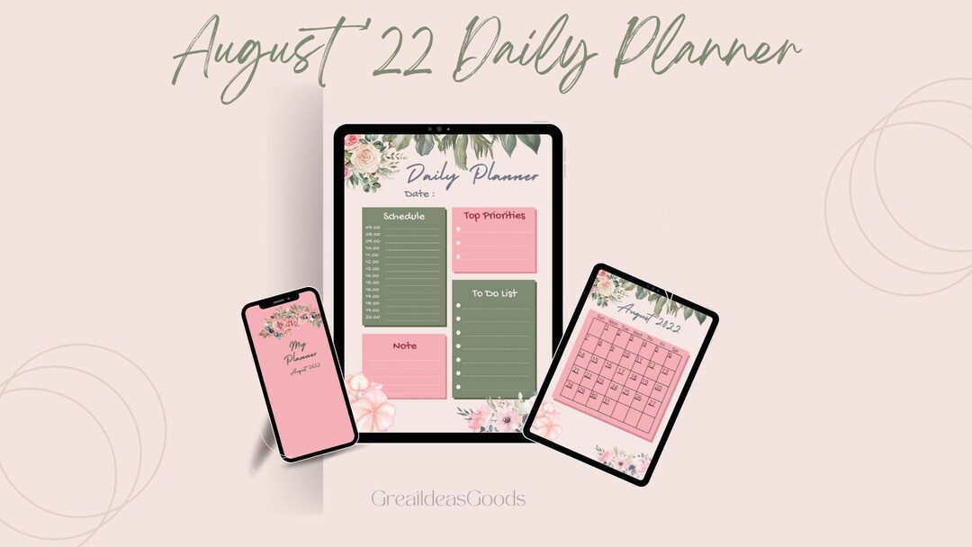 Digital Daily Planner, August 2022 Monthly Daily Planner, Flower Pink ...