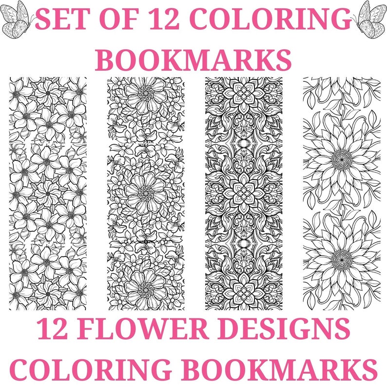 Printable Coloring Bookmarks, Flower Bookmarks, Instant Download Set of ...
