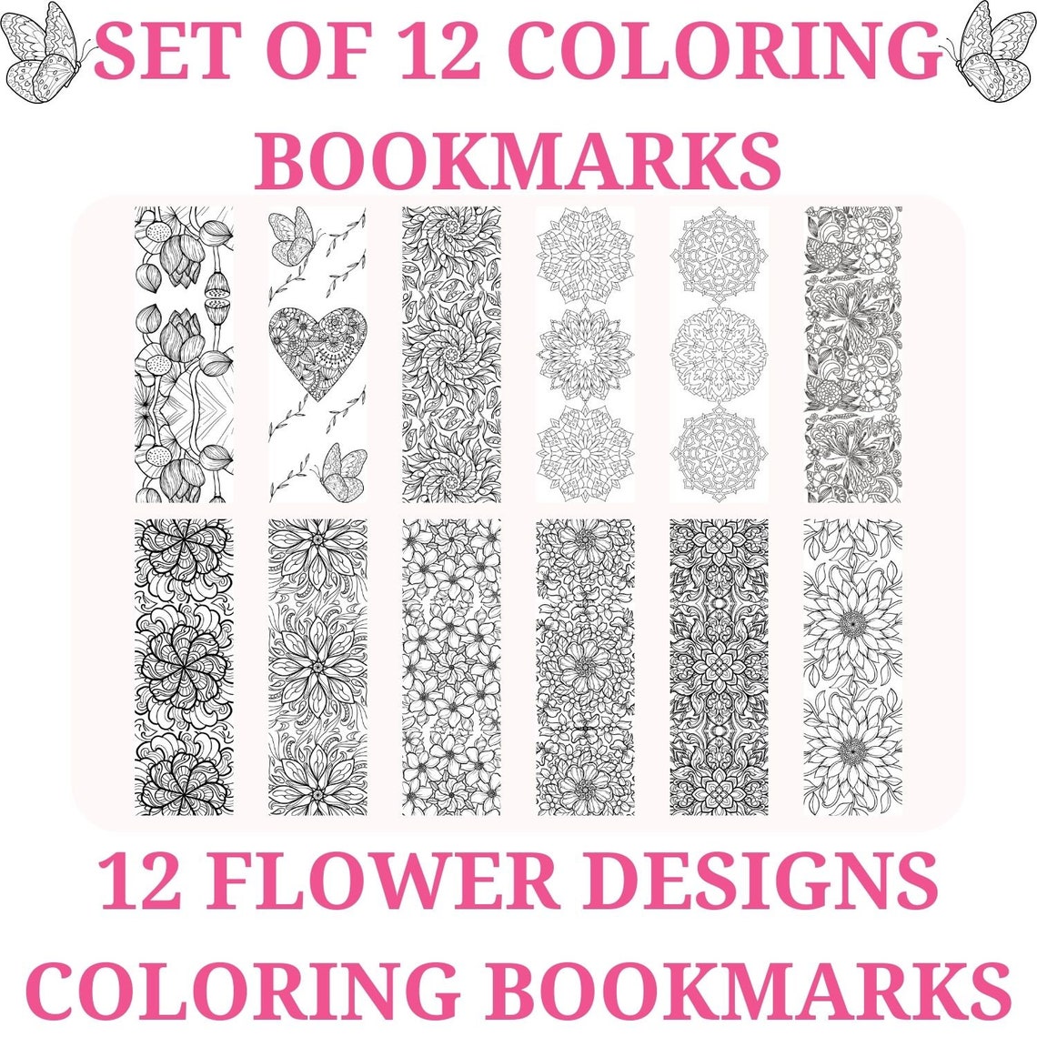 Printable Coloring Bookmarks, Flower Bookmarks, Instant Download Set of ...