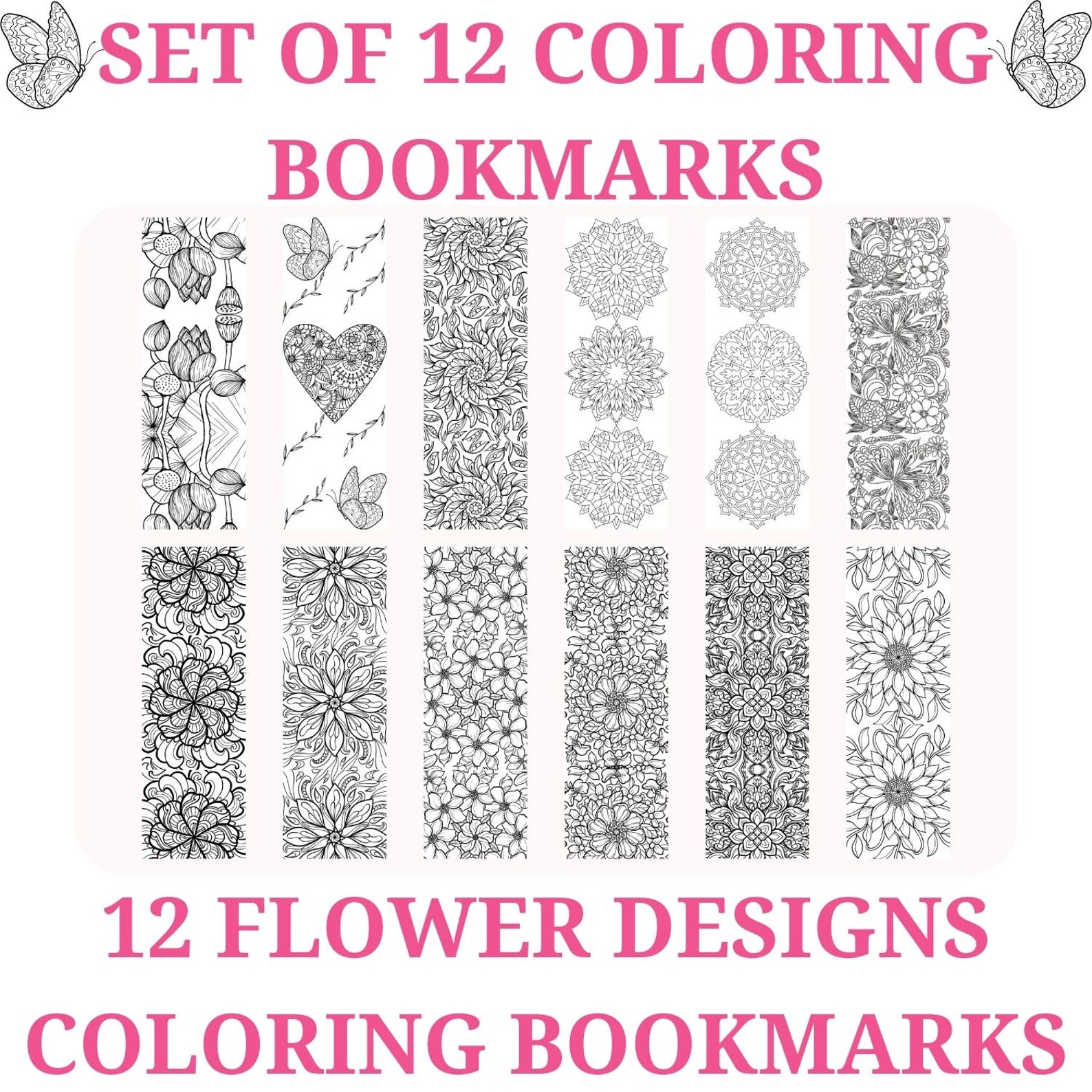 Printable Coloring Bookmarks, Flower Bookmarks, Instant Download Set of ...