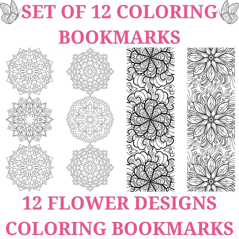 Printable Coloring Bookmarks, Flower Bookmarks, Instant Download Set of ...