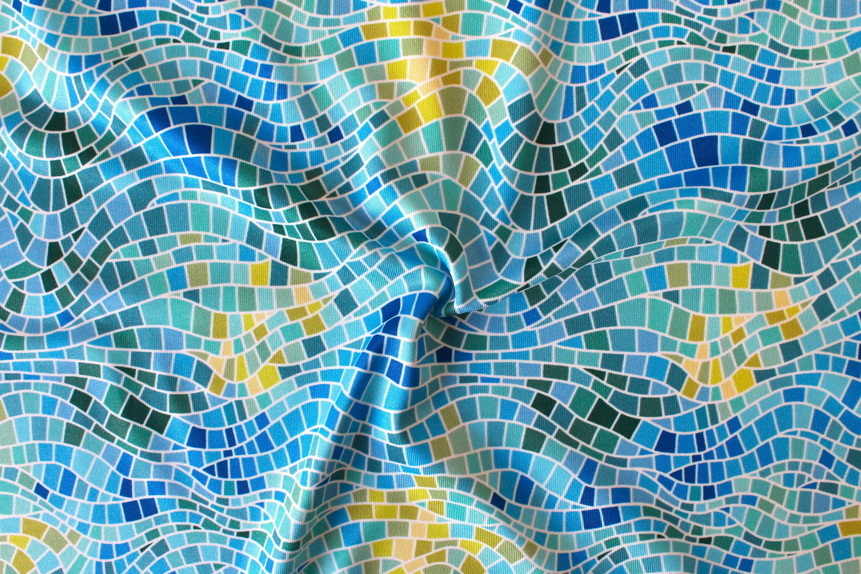 Swimming Pool Mosaic Swimwear Fabric, Blue Yellow Geometric Fabric ...
