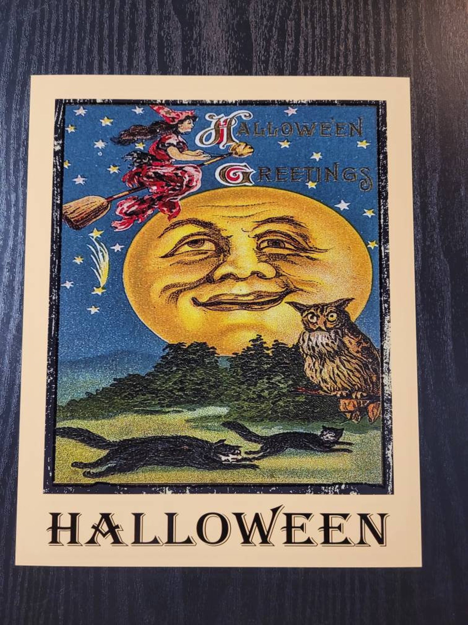 Vintage Witch on Broom Full Moon Halloween Reproduction Print Home ...