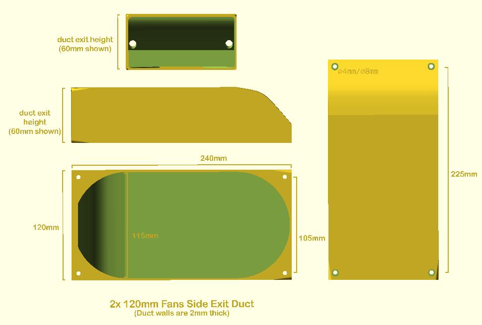 2x 120mm Computer Fans SIDE EXIT DUCT Shroud Redirect Airflow Cooling ...