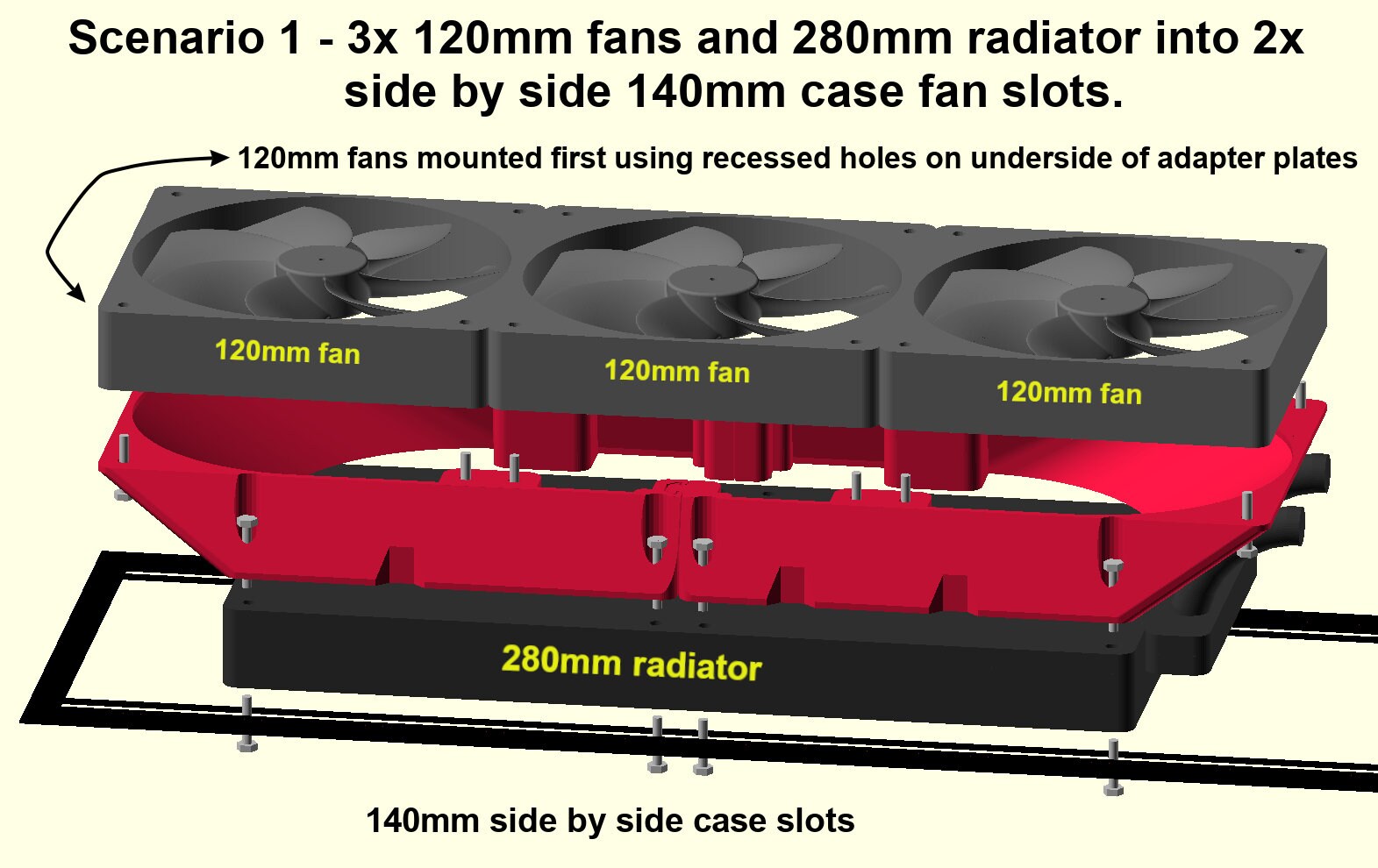 280mm Radiator +3x 120mm Fans to 3x 120mm Fan Slots Mounting Bracket ...